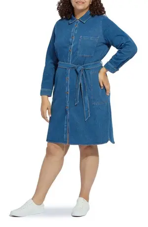 Lyssé Schiffer Belted Long Sleeve Denim Shirtdress - Mid Wash