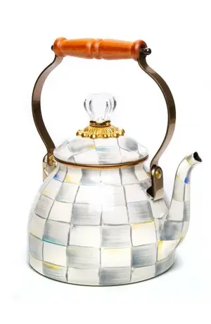 MACKENZIE-CHILDS Sterling Check Enameled Steel 2-quart Tea Kettle Grey/white