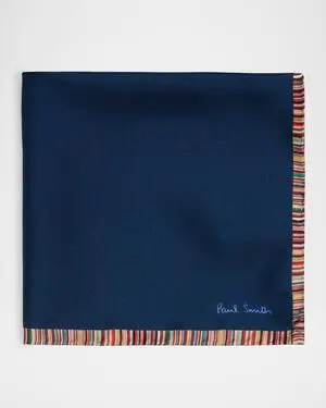 Paul Smith Apos;s Signature Stripe Trim Silk Pocket Square - Navy