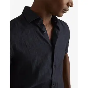 REISS Holiday Square-collar Short-sleeve Linen Shirt - Navy