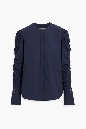 Another Tomorrow Shirred Cotton-poplin Blouse - Navy