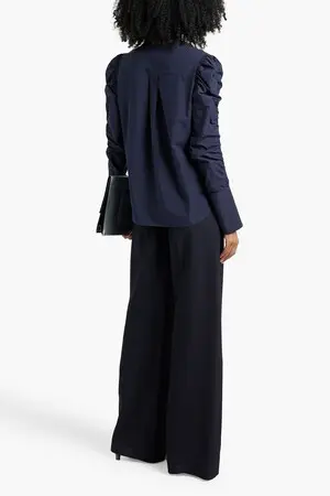 Another Tomorrow Shirred Cotton-poplin Blouse - Navy