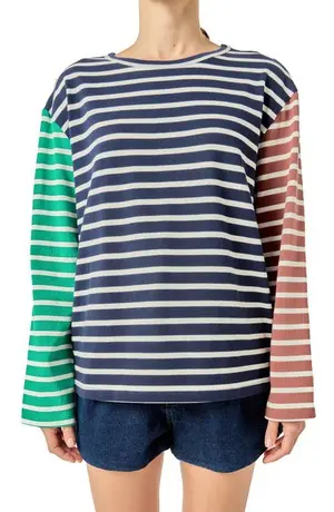 English Factory Striped Colorblock Top - Navy Multi