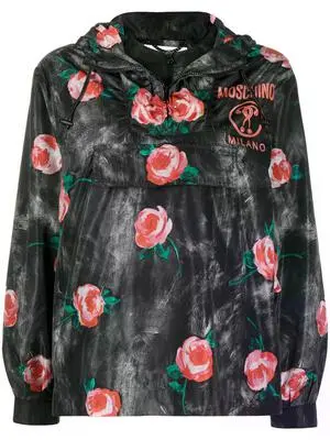 Moschino Rose Pattern Hooded Windbreaker - Black