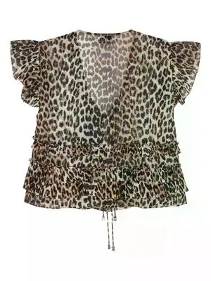 GANNI Leopard-print Ruffled Blouse