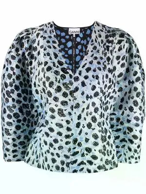GANNI Leopard-print Puff-sleeve Top - Blue