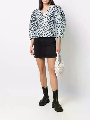 GANNI Leopard-print Puff-sleeve Top - Blue