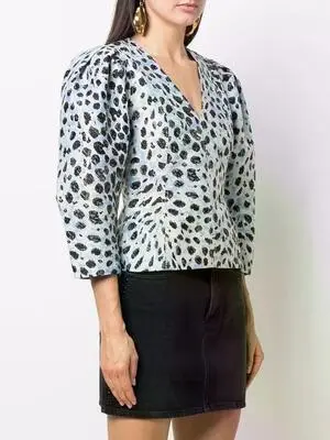 GANNI Leopard-print Puff-sleeve Top - Blue