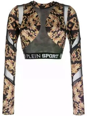 PLEIN SPORT Baroque Print Long Sleeve Cropped Top - Black