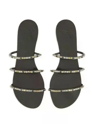 GIUSEPPE ZANOTTI Embellished Leather Flat Sandals - Black