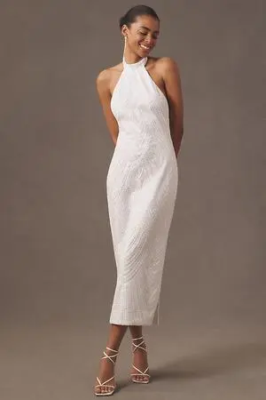 ANNE BARGE Halter Sequin Slim Midi Dress