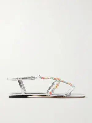 JIMMY CHOO Gwyn Bead-embellished Leather Sandals - Silver