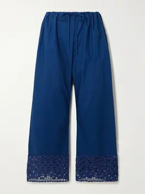 Calle Del Mar Heirloom Crochet-trimmed Cotton-poplin Wide-leg Pants - Blue