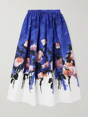 Erdem Gathered Floral-print Cotton-blend Twill Midi Skirt - Blue