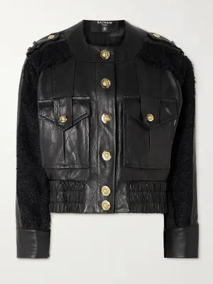 Balmain Quilted Leather And Tweed Bomber Jacket - Black