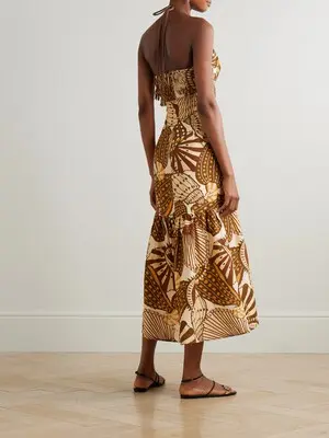 Farm Rio Tasseled Shirred Printed Linen Halterneck Maxi Dress
