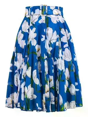 Samantha Sung Floral-patterned A-line Midi Skirt - Blue