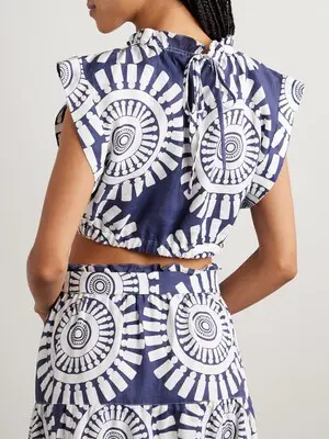 LEMLEM Muna Cropped Printed Linen Top - Blue