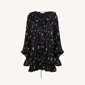 Chloé Gathered Long-sleeve Mini Dress In Printed Silk Charmeuse