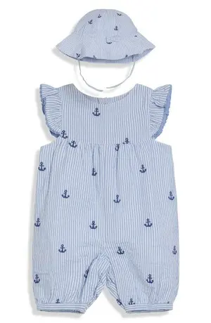 JOJO MAMAN BEBE Nautical Embroidered Romper And Sun Hat Set - Blue