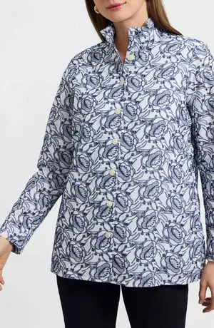Foxcroft Carolina Floral Embroidered Cotton Button-up Shirt - White/navy