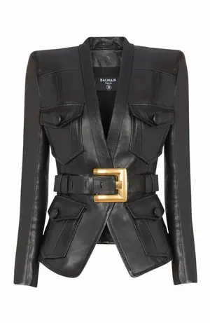 Balmain 1-button Belted Leather Jacket - Black