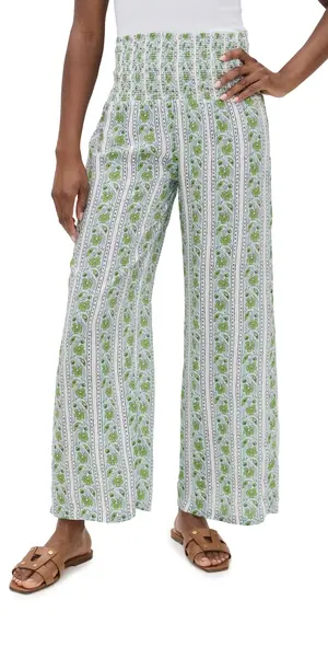 Bell Floral Print Beach Pant - Green And Turq Border Stripe