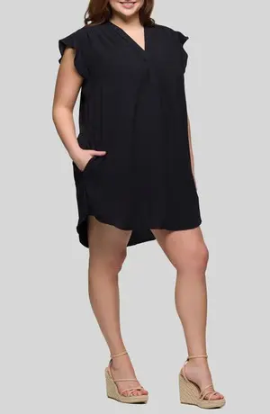 24SEVEN COMFORT APPAREL Flutter Cap Sleeve Shift Dress - Black