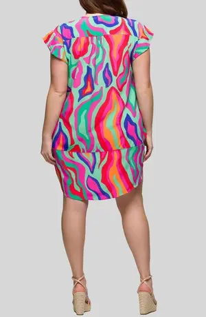 24SEVEN COMFORT APPAREL Printed Flutter Cap Sleeve Shift Dress