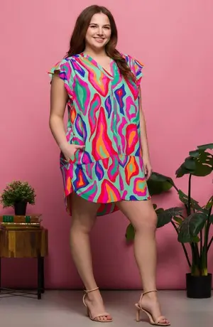 24SEVEN COMFORT APPAREL Printed Flutter Cap Sleeve Shift Dress