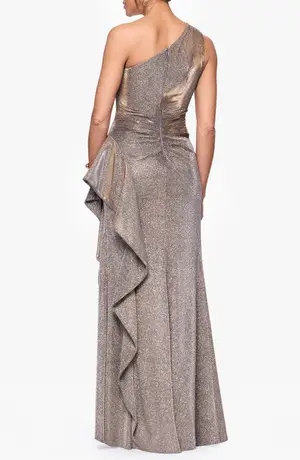 XSCAPE EVENINGS One-shoulder Ruffle Detail Glitter Knit Gown - Sand