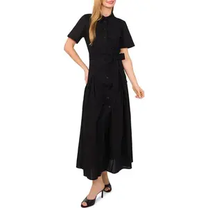 Ted Baker London Box Pleat Tie Belt Cotton Maxi Shirt Dress - Rich Black