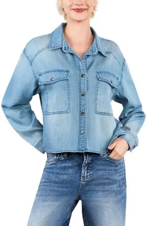 HINT OF BLU Long Sleeve Button-up Shirt - Washed Denim