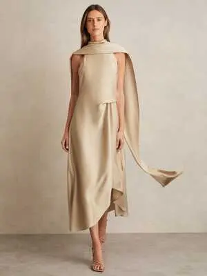 REISS Michelle Satin Tuck-detail Cape Midi Dress - Champagne Neutral