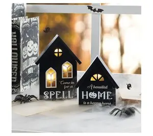 GLITZHOME 8'h Lighted Halloween Spooky Houses T Able Decor S/2 - One-color