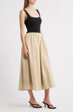 Moon River Square Neck Mixed Media Midi Dress