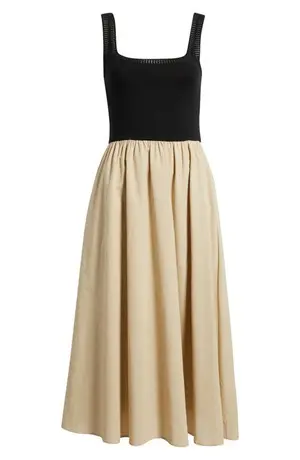 Moon River Square Neck Mixed Media Midi Dress