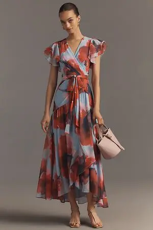 HUTCH Zola Short-sleeve Ruffle Wrap Midi Dress