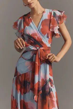 HUTCH Zola Short-sleeve Ruffle Wrap Midi Dress