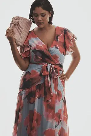 HUTCH Zola Short-sleeve Ruffle Wrap Midi Dress