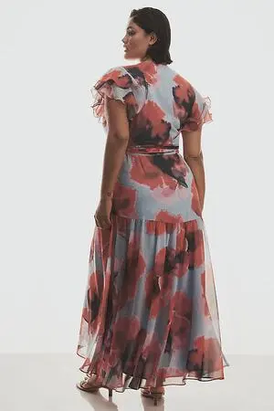 HUTCH Zola Short-sleeve Ruffle Wrap Midi Dress