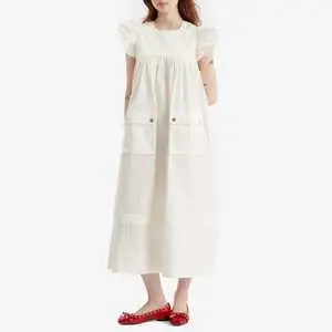 GANNI Stretch Cotton Frill Sleeve Dress - Egret