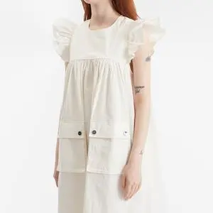GANNI Stretch Cotton Frill Sleeve Dress - Egret
