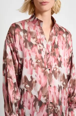 Misook Brushstroke Print Crêpe De Chine Button-up Shirt