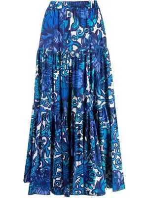 La DoubleJ Graphic-print Tiered Cotton Skirt - Blue