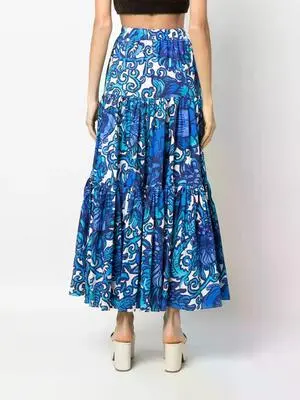La DoubleJ Graphic-print Tiered Cotton Skirt - Blue