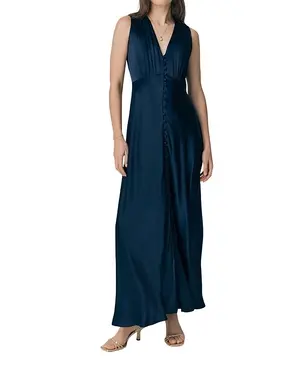 GHOST LONDON River V-neck Button Satin Maxi Dress - Blue