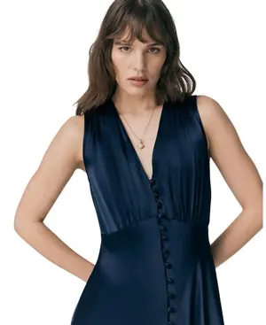 GHOST LONDON River V-neck Button Satin Maxi Dress - Blue