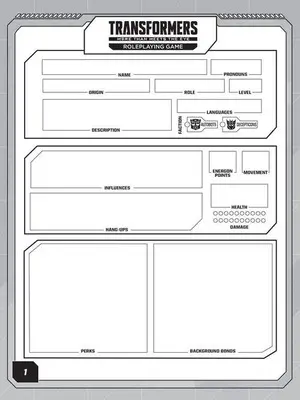 RENEGADE GAME STUDIOS Transformers Roleplaying Game Expanded Character Sheet Journal