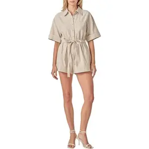 English Factory Stripe Cotton Blend Romper - Tan Stripe
